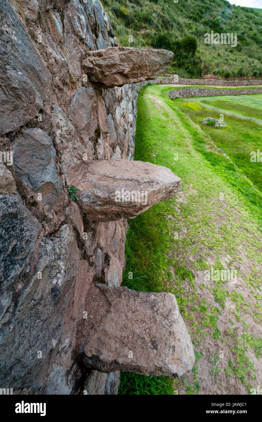 An Inca agricultural site with stone wall terraces with floating stairs ...