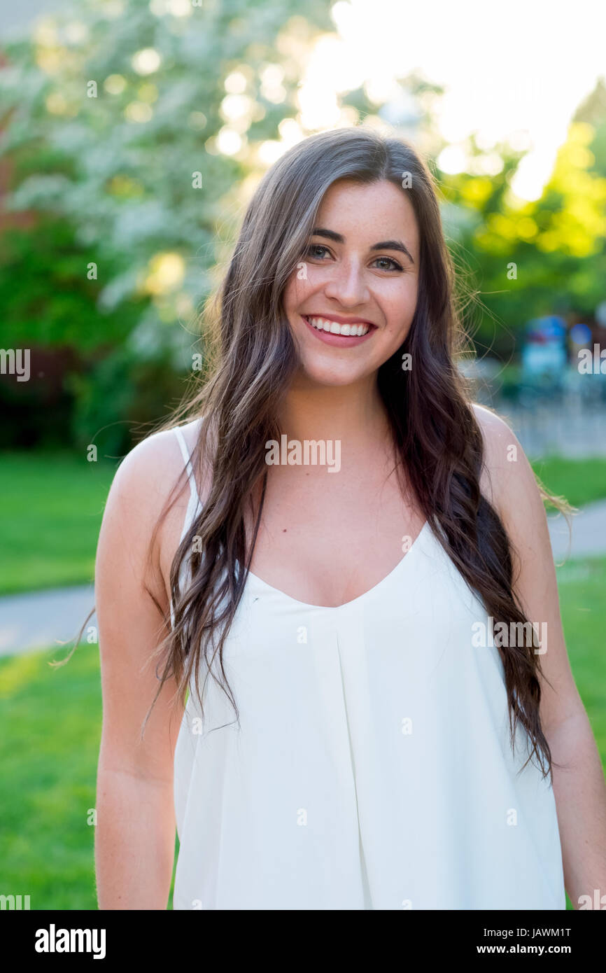 Female lifestyle portrait of a college student during her senior year ...