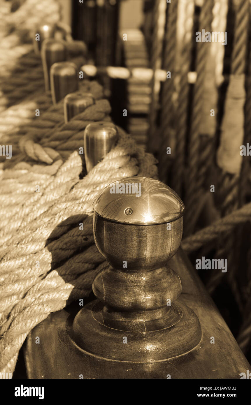 Blocks and rigging at the old sailboat, close-up Stock Photo - Alamy