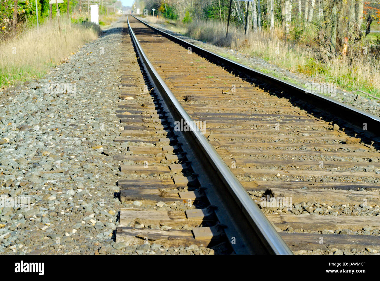 Pair of empty train tracks on gravel in perspective receding into ...