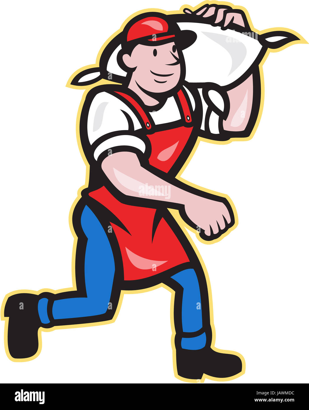 Illustration of a flour miller worker wearing apron bib carrying flour ...