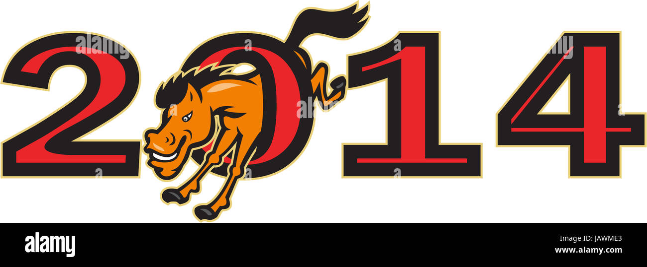 Illustration of a horse mascot jumping thru number zero of year 2014 ...