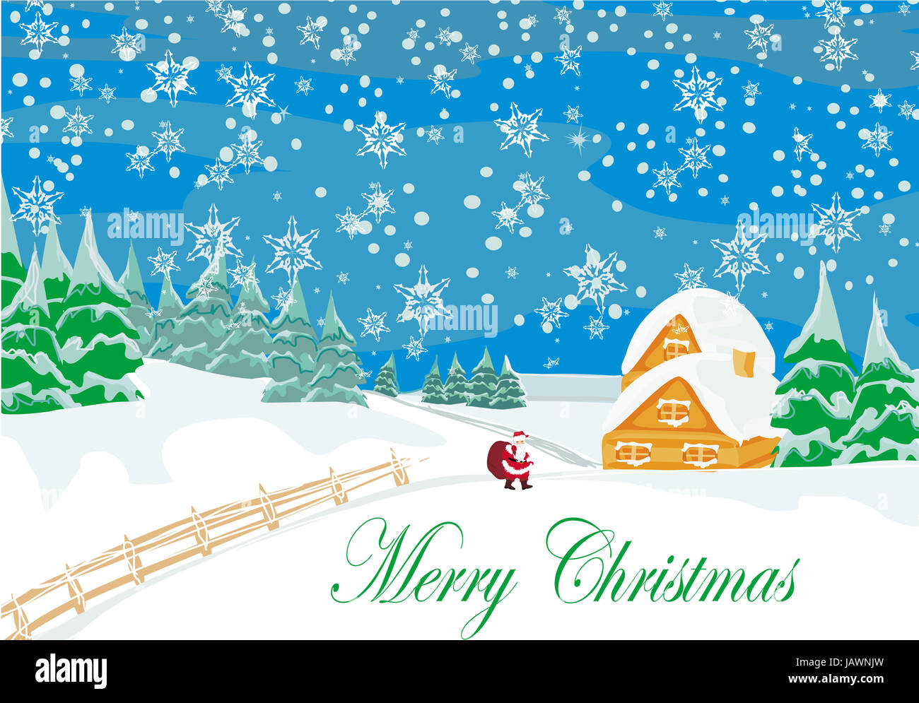 Winter landscape with houses and Santa Stock Photo - Alamy
