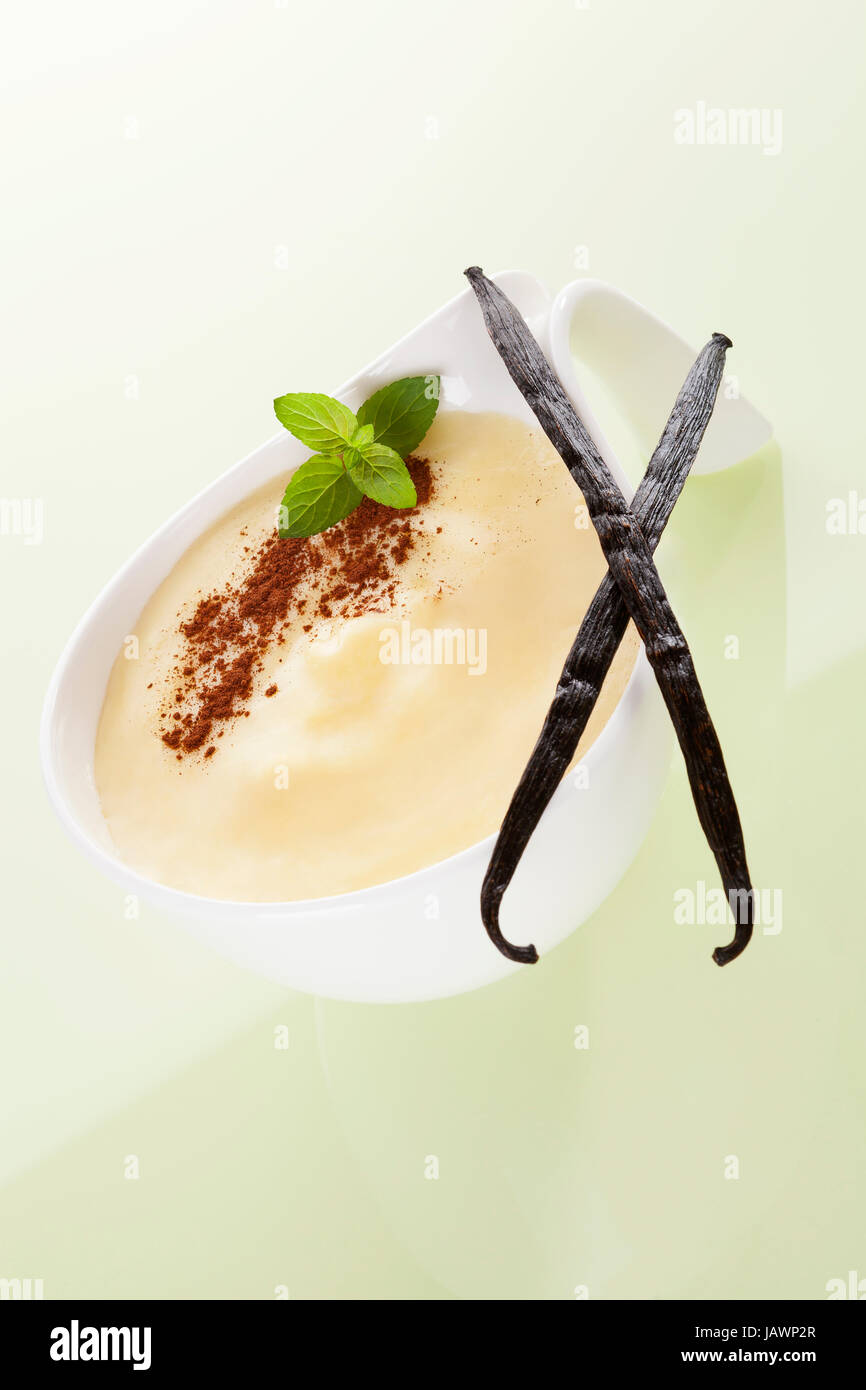Delicious vanilla pudding with cocoa powder, fresh mint leaves and dry ...