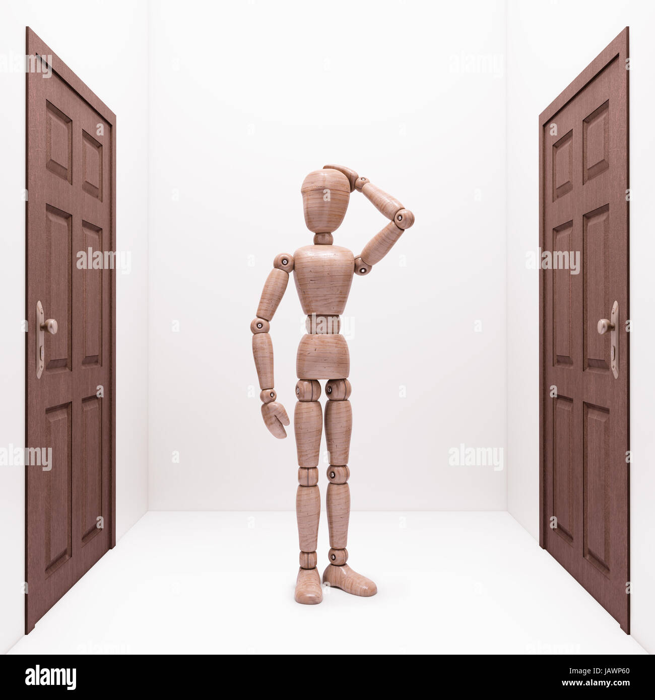 Wooden doll between two doors. Concept of choice and destination Stock ...