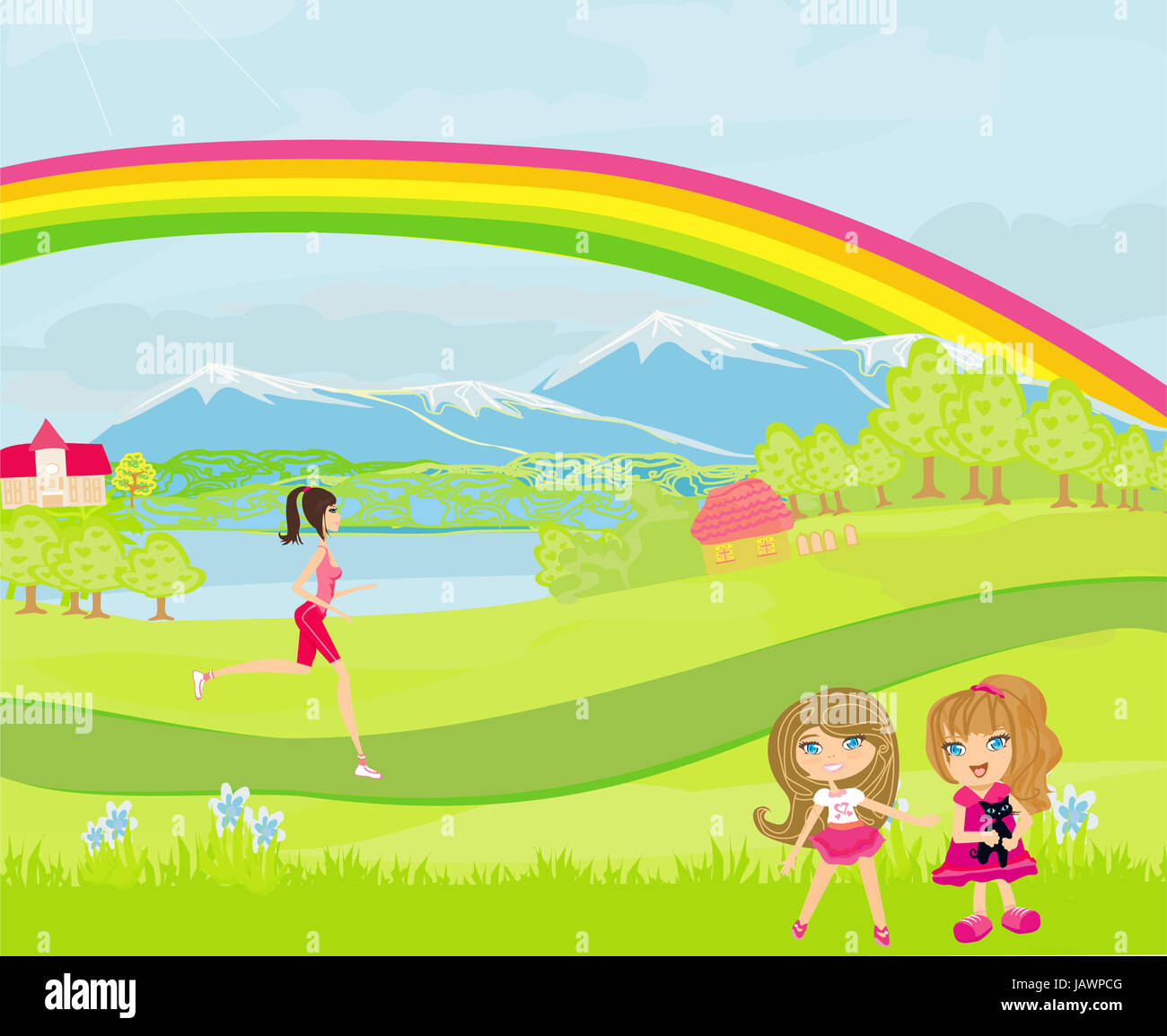 spring day, children playing, woman running Stock Photo - Alamy