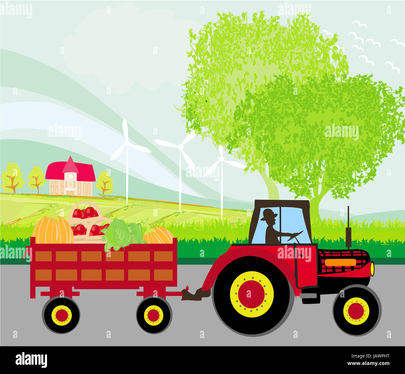 man driving a tractor with a trailer full of vegetables Stock Photo - Alamy
