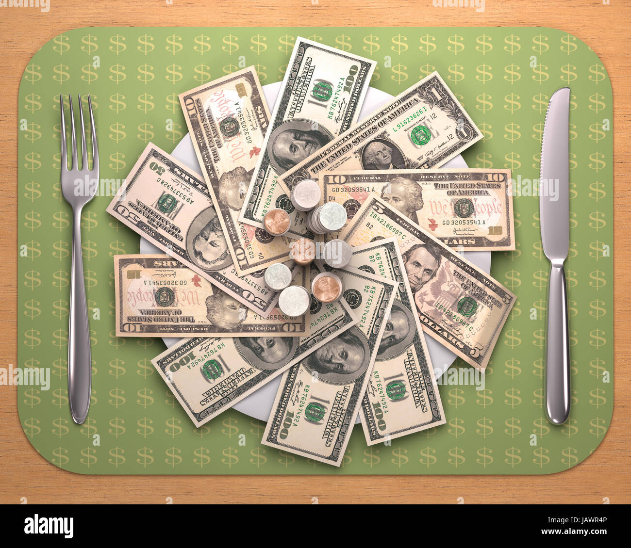 Dinner time with American money on the plate Stock Photo - Alamy