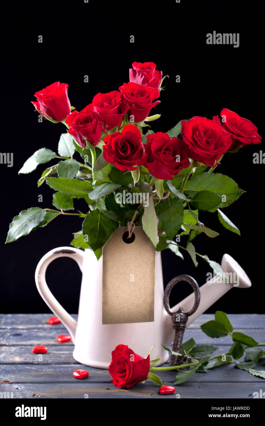 red roses in enamel pitcher Stock Photo - Alamy