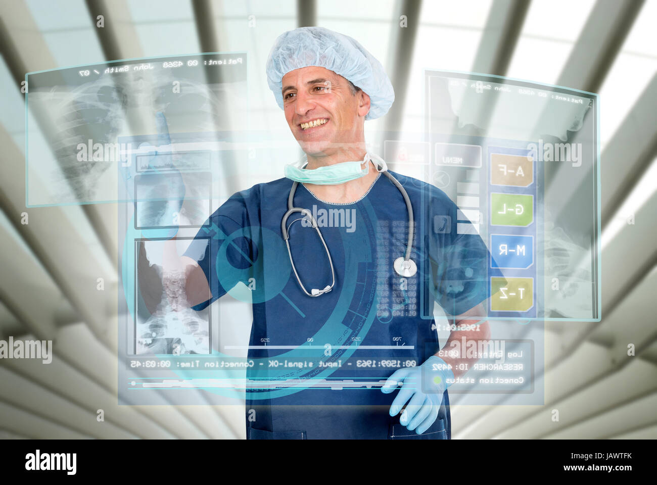 Doctor in uniform looking at screens Stock Photo - Alamy