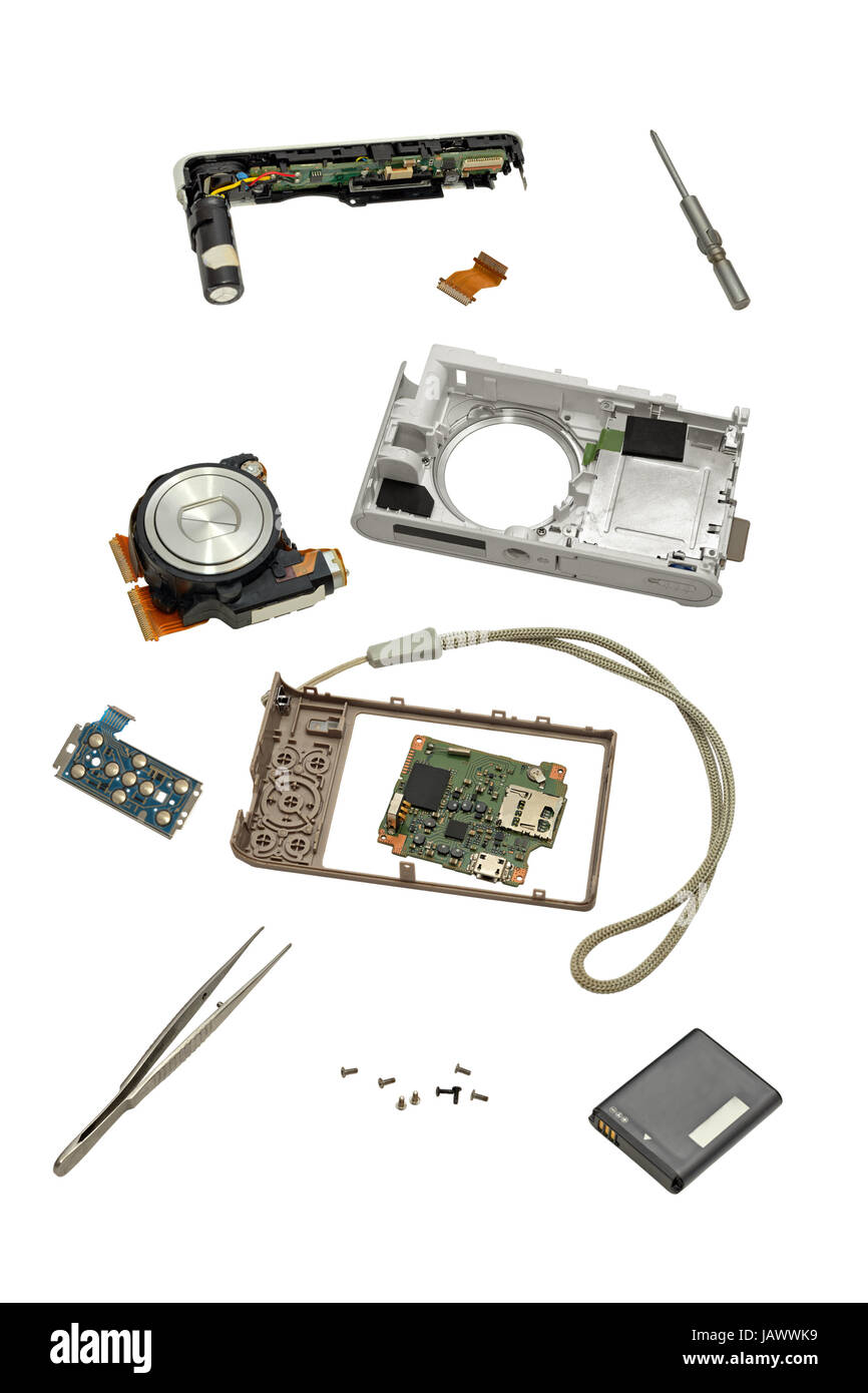 Parts disassembled compact camera isolated on a white background Stock ...