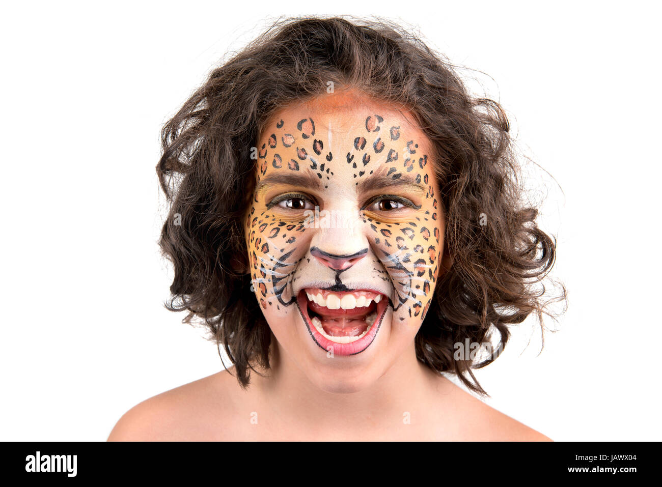 Beautiful young girl with face painted like a leopard Stock Photo - Alamy