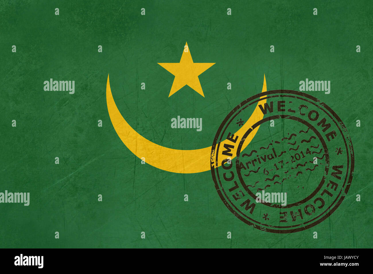 Welcome to Mauritania flag with passport stamp Stock Photo - Alamy
