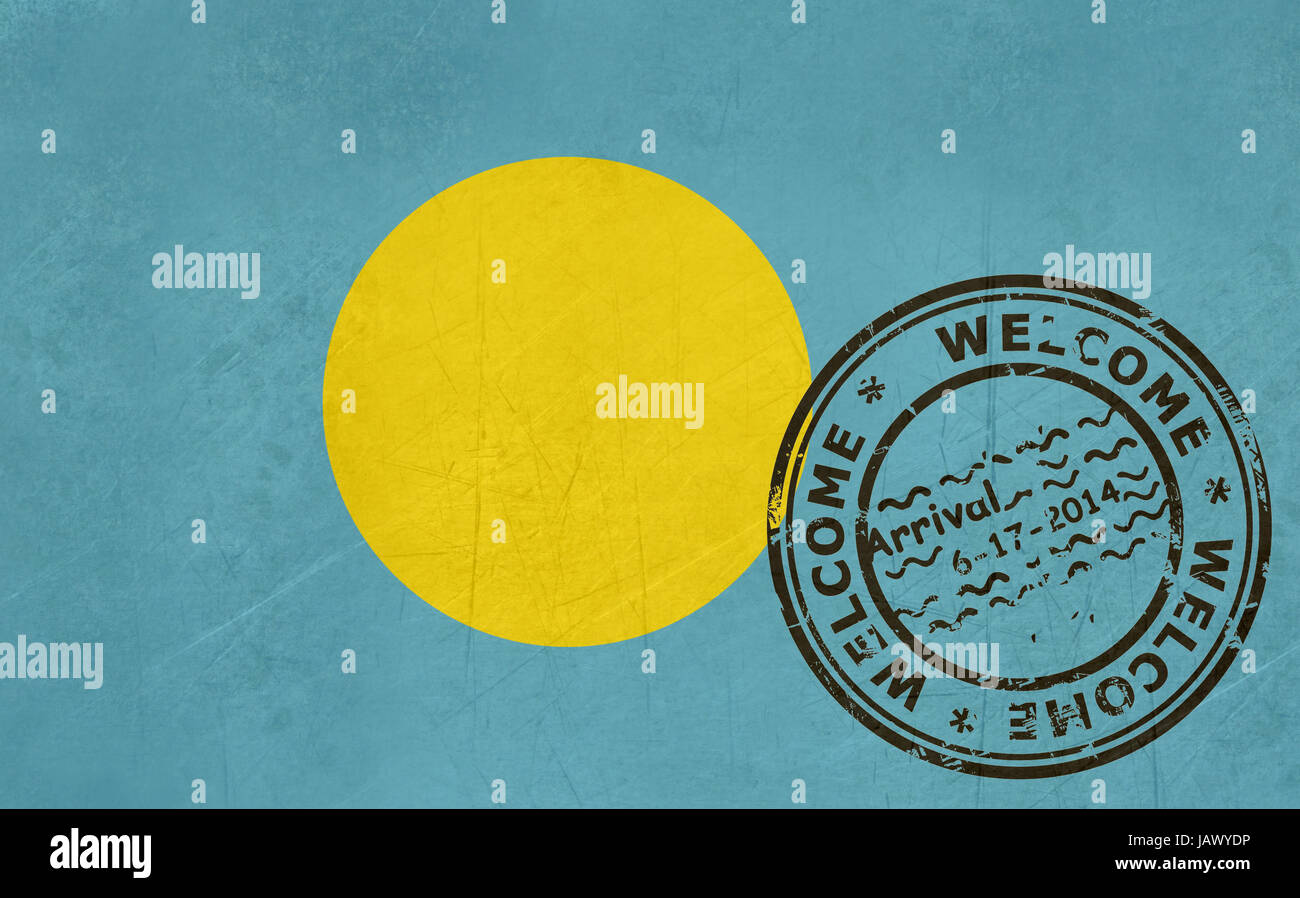 Welcome to Palau flag with passport stamp Stock Photo - Alamy