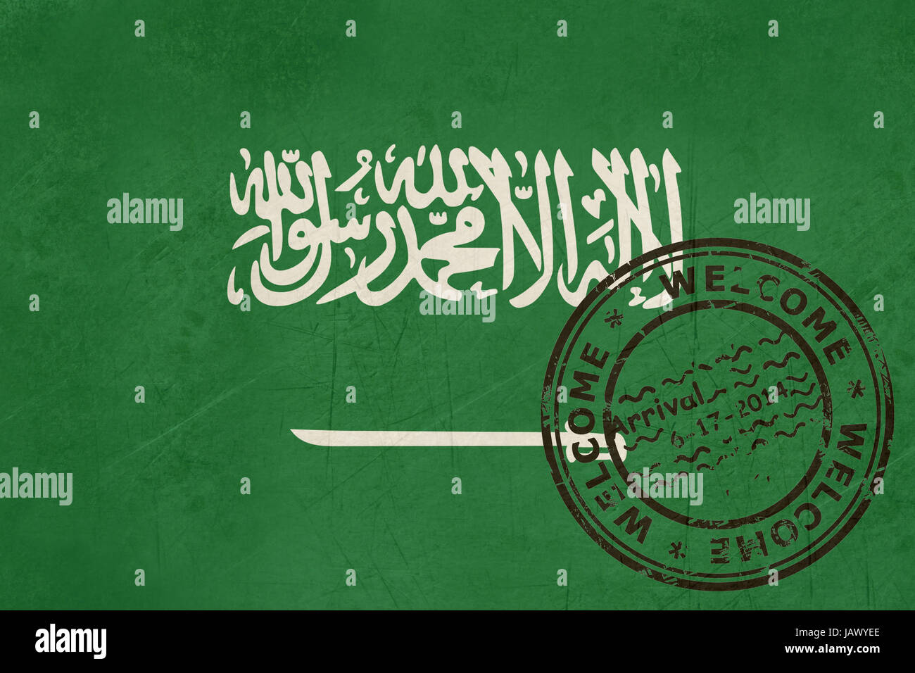 Welcome to Saudi Arabia flag with passport stamp Stock Photo - Alamy
