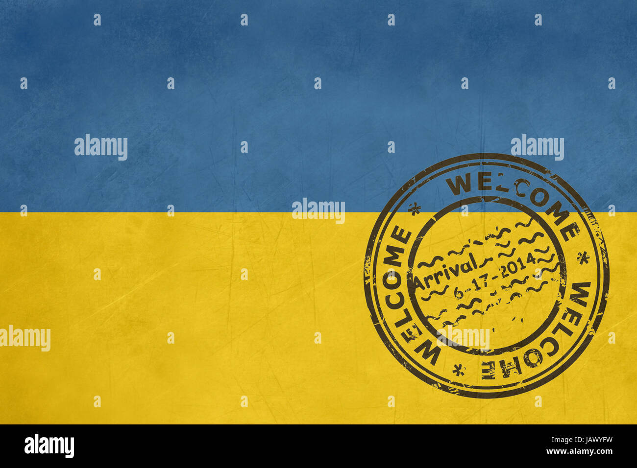 Welcome to Ukraine flag with passport stamp Stock Photo - Alamy