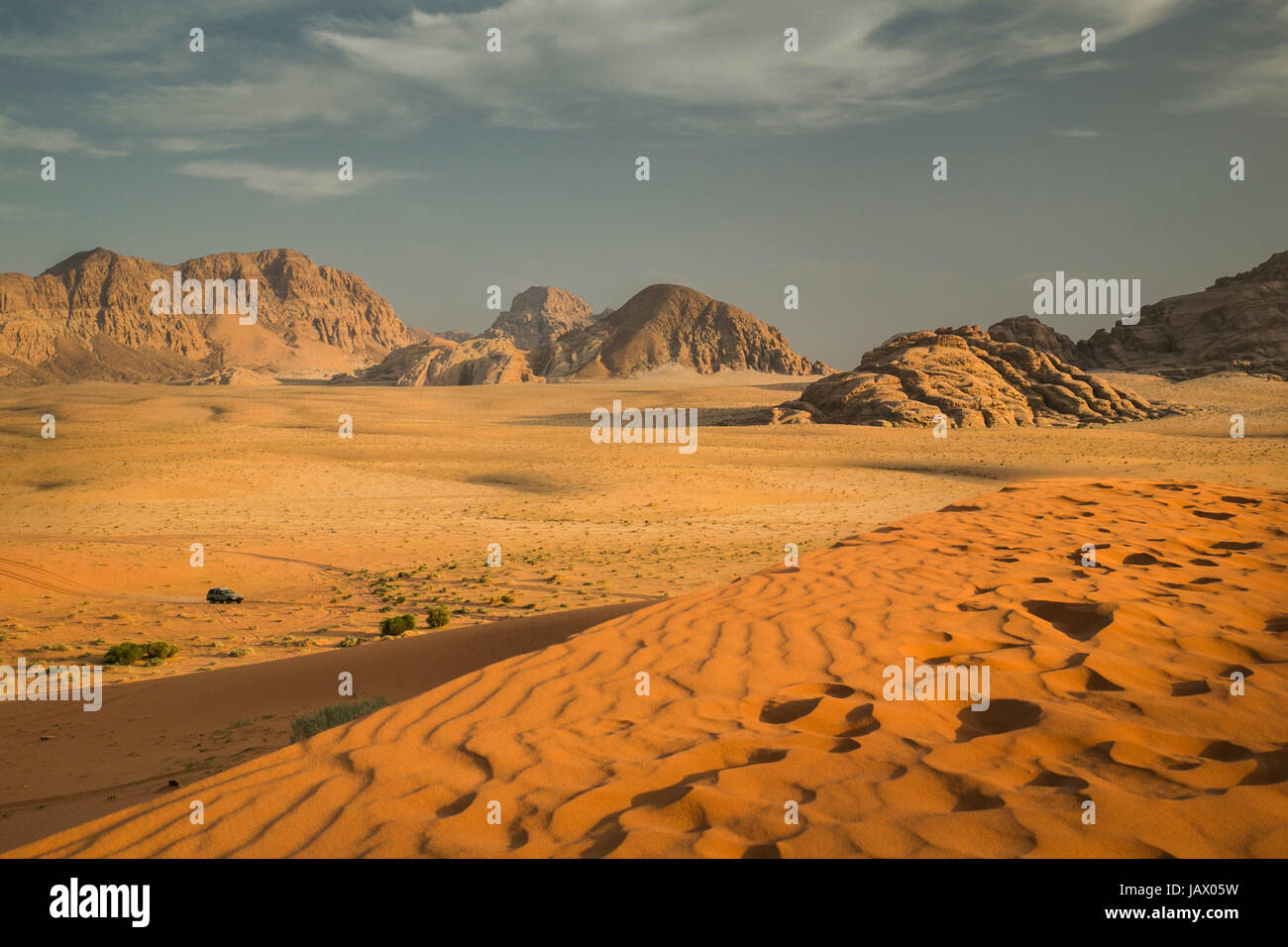 Landscape picture of Wadi Rum desert in time of sunset. Wadi Rum is ...