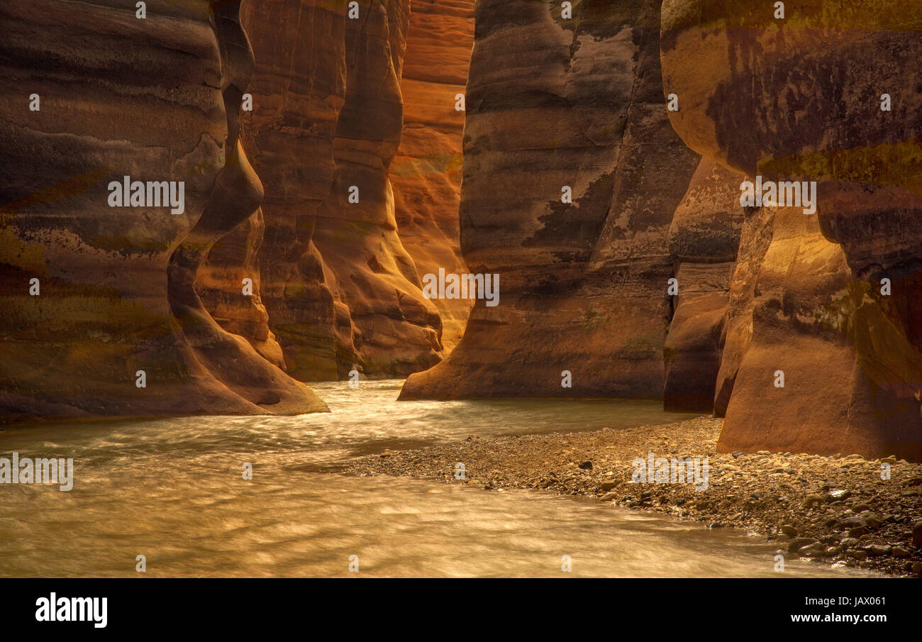 River canyon of Wadi Mujib in amazing golden light colors. Wadi Mujib ...