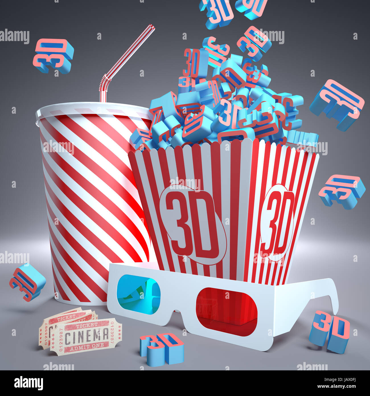 3D symbols falling in package, soda, 3D glasses and movie tickets ...