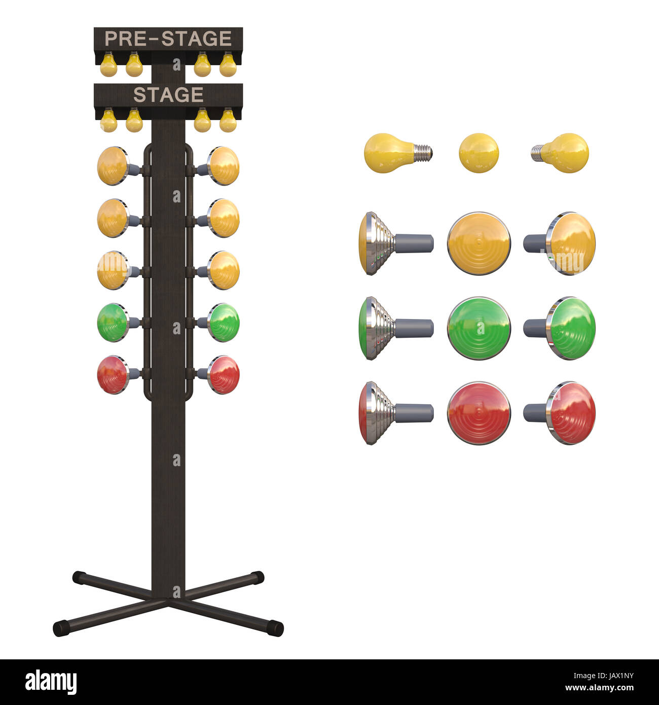 Christmas tree starting system used in drag racing contest. Over white ...
