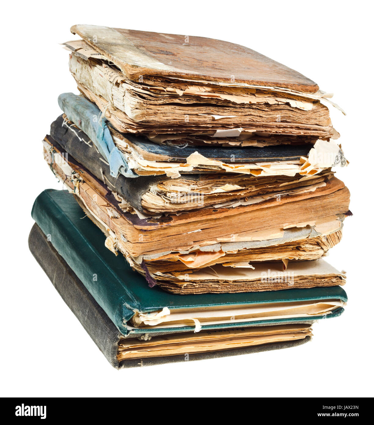 stack of old books with pages torn out isolated on white background ...