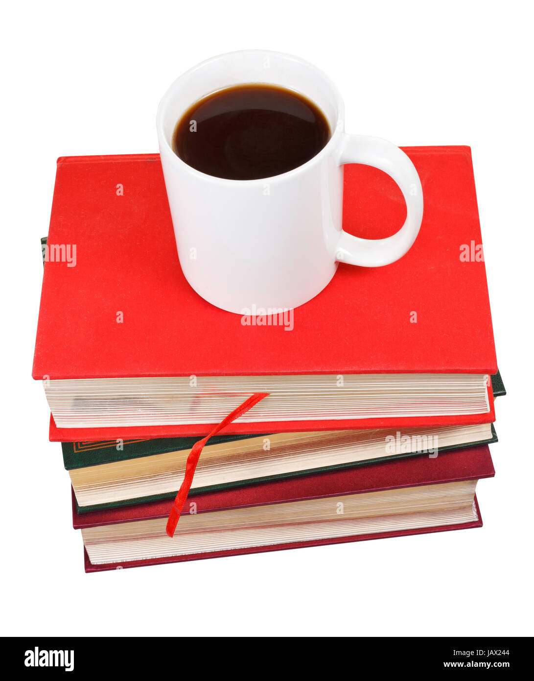 cup of coffee on stack of books isolated on white background Stock ...