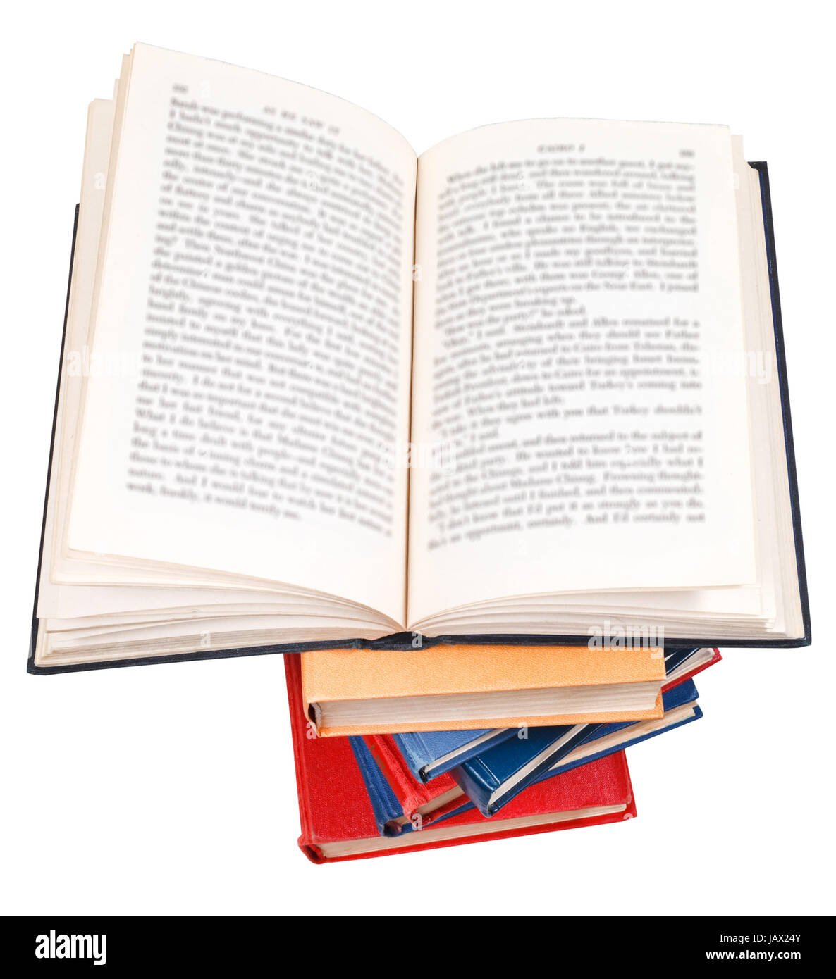 open book on top of stack of books isolated on white background Stock ...