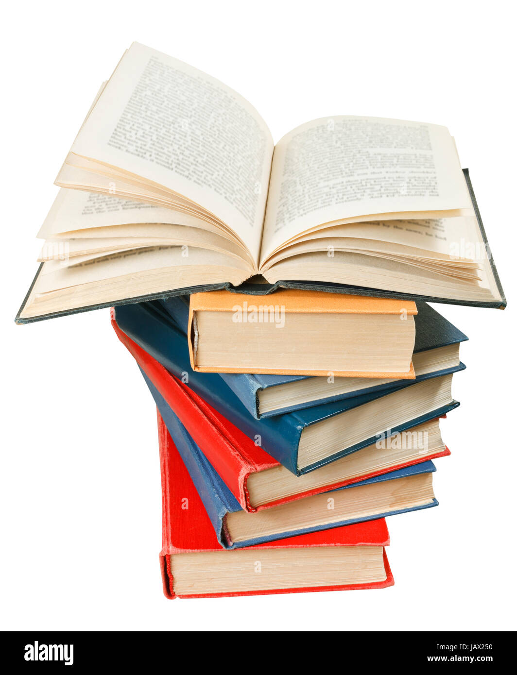open book on top of stack of books isolated on white background Stock ...