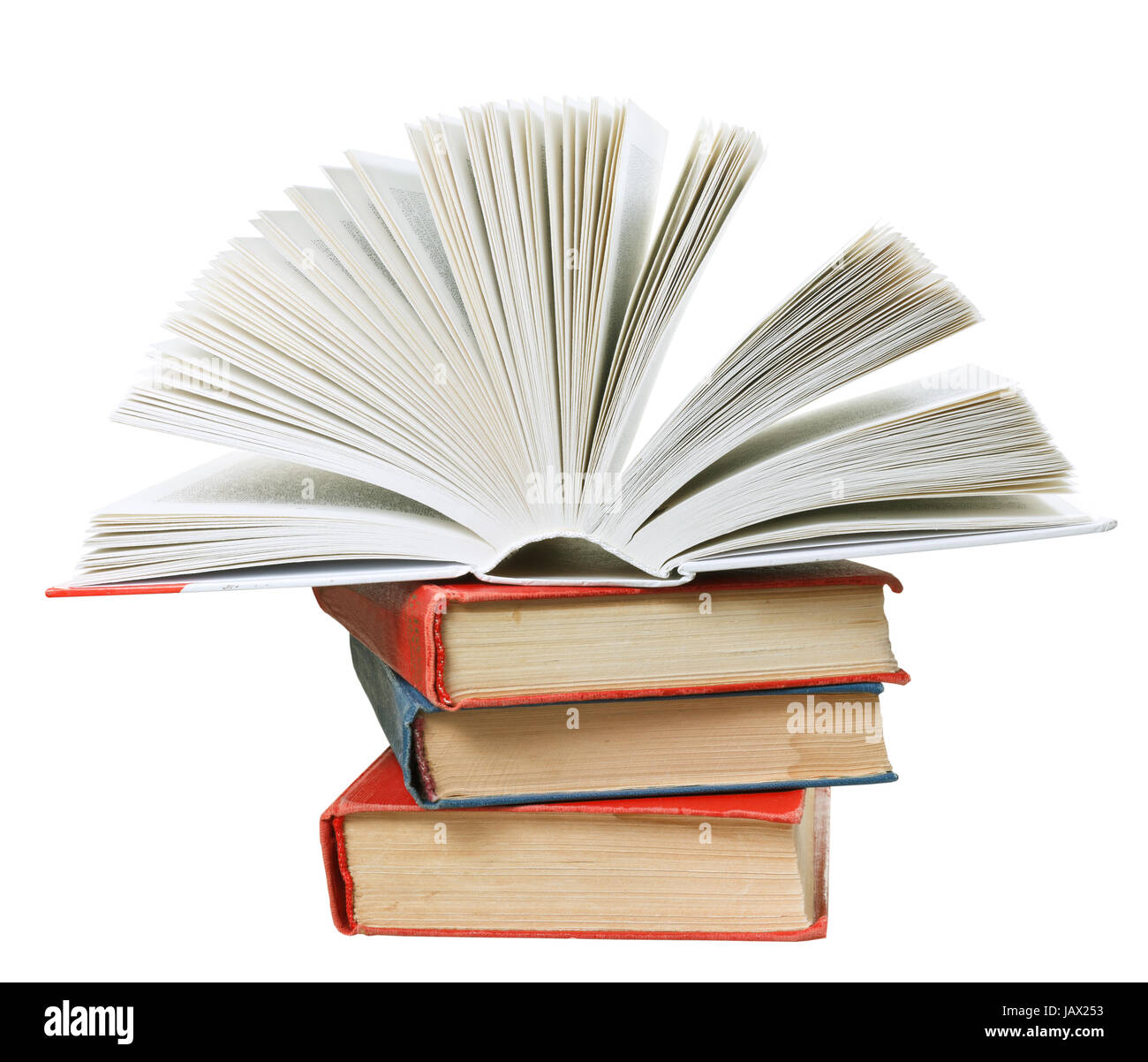 open book on top of stack of books isolated on white background Stock ...