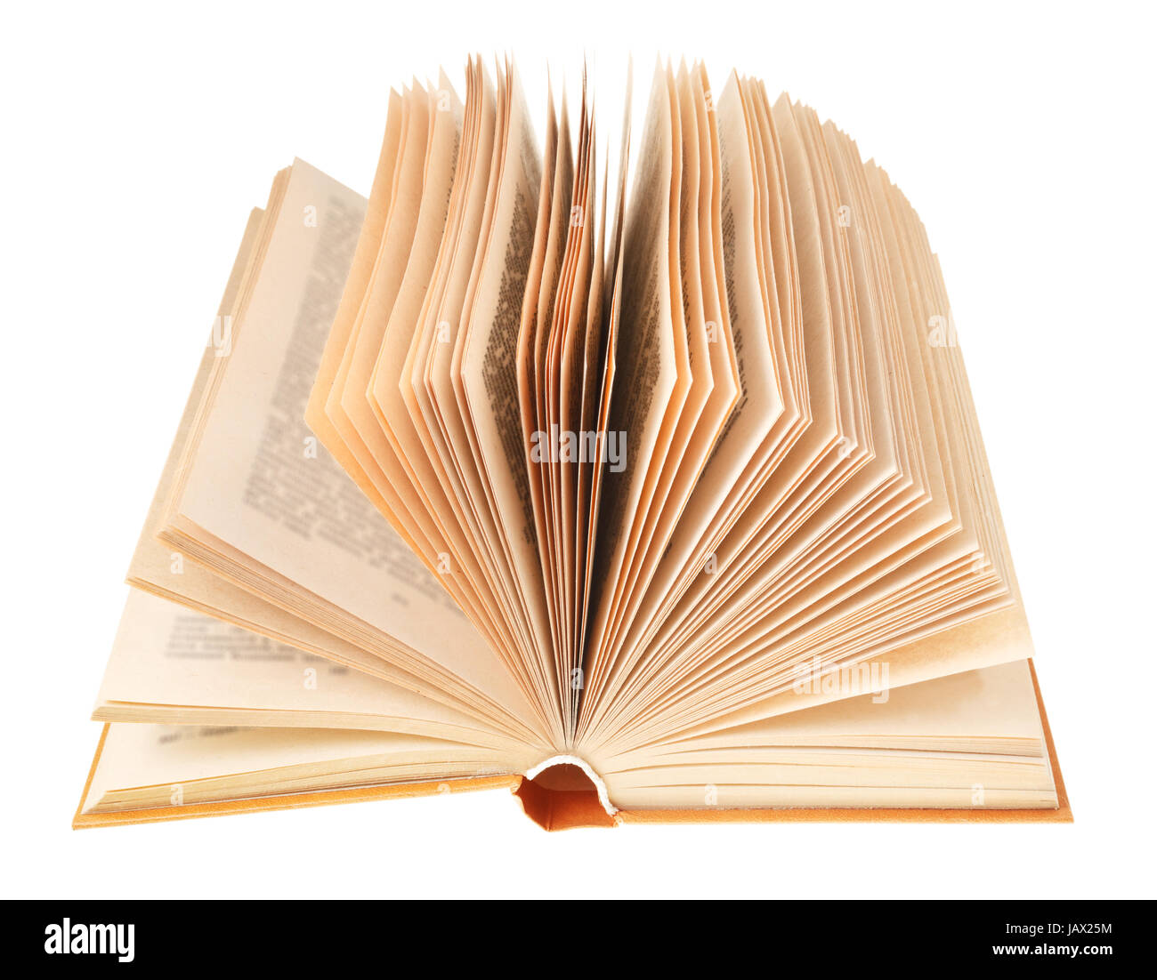 above view of yellow fanned open book isolated on white background ...