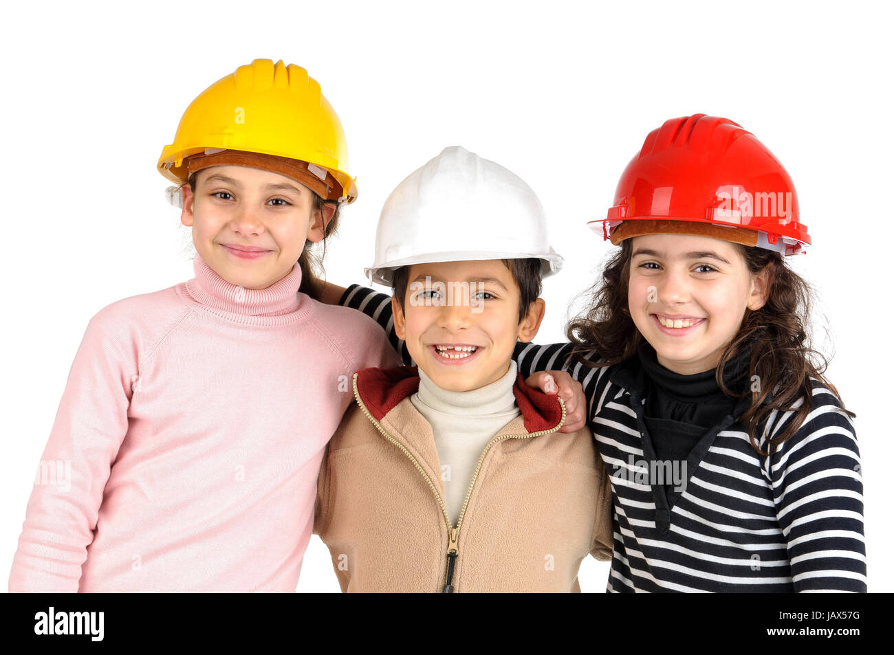 Group of children posing with protective helmets isolated in white ...