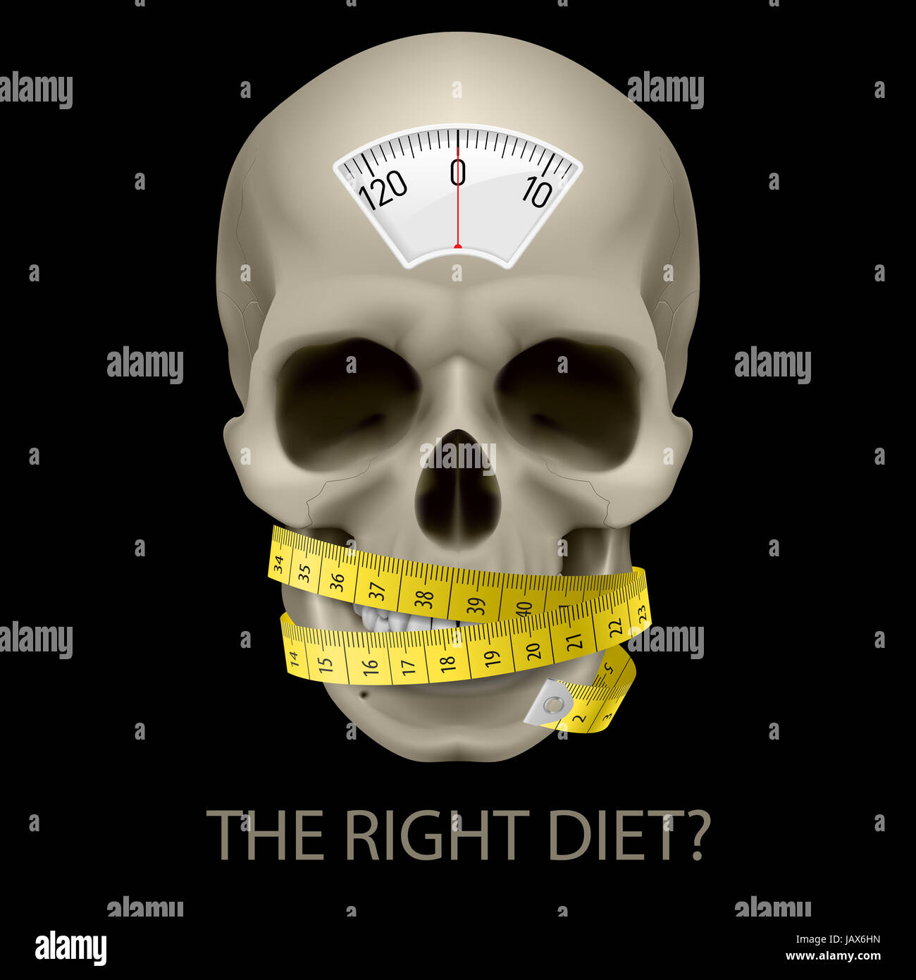 Skull with balance scale, measuring tape and text beneath as symbol of ...