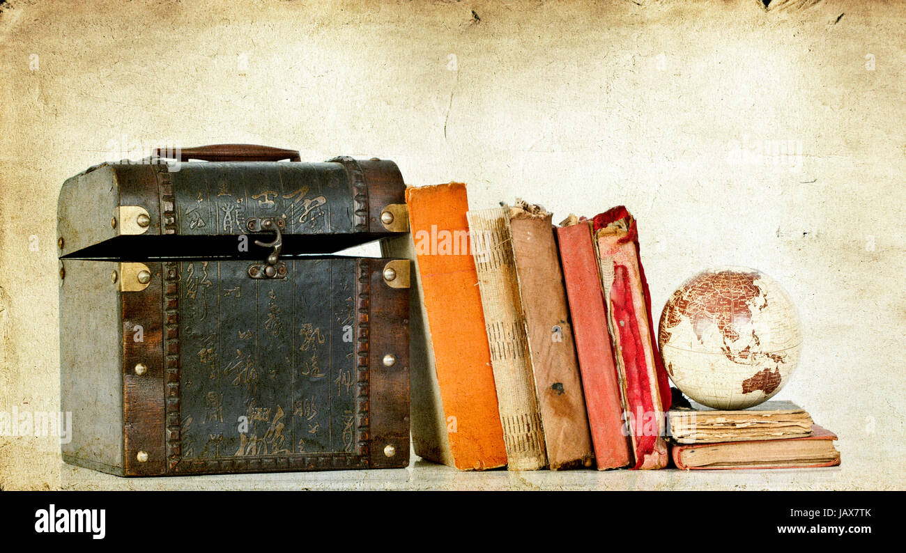 Vintage photo of old books, treasure box and Earth globe Stock Photo ...