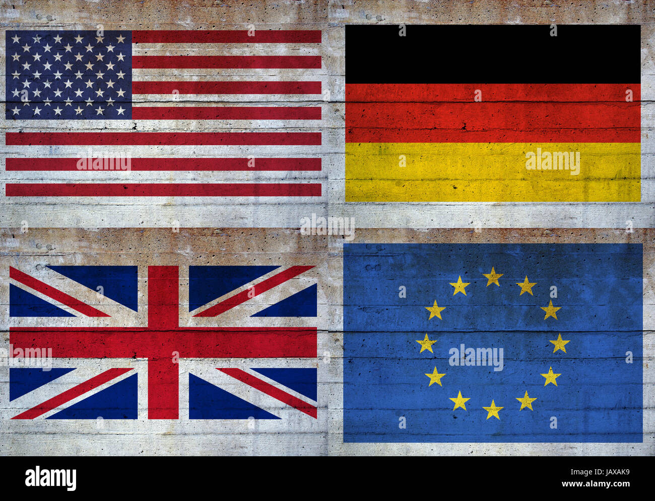 Flags of the United States, UK, Europe and Germany over a grunge ...