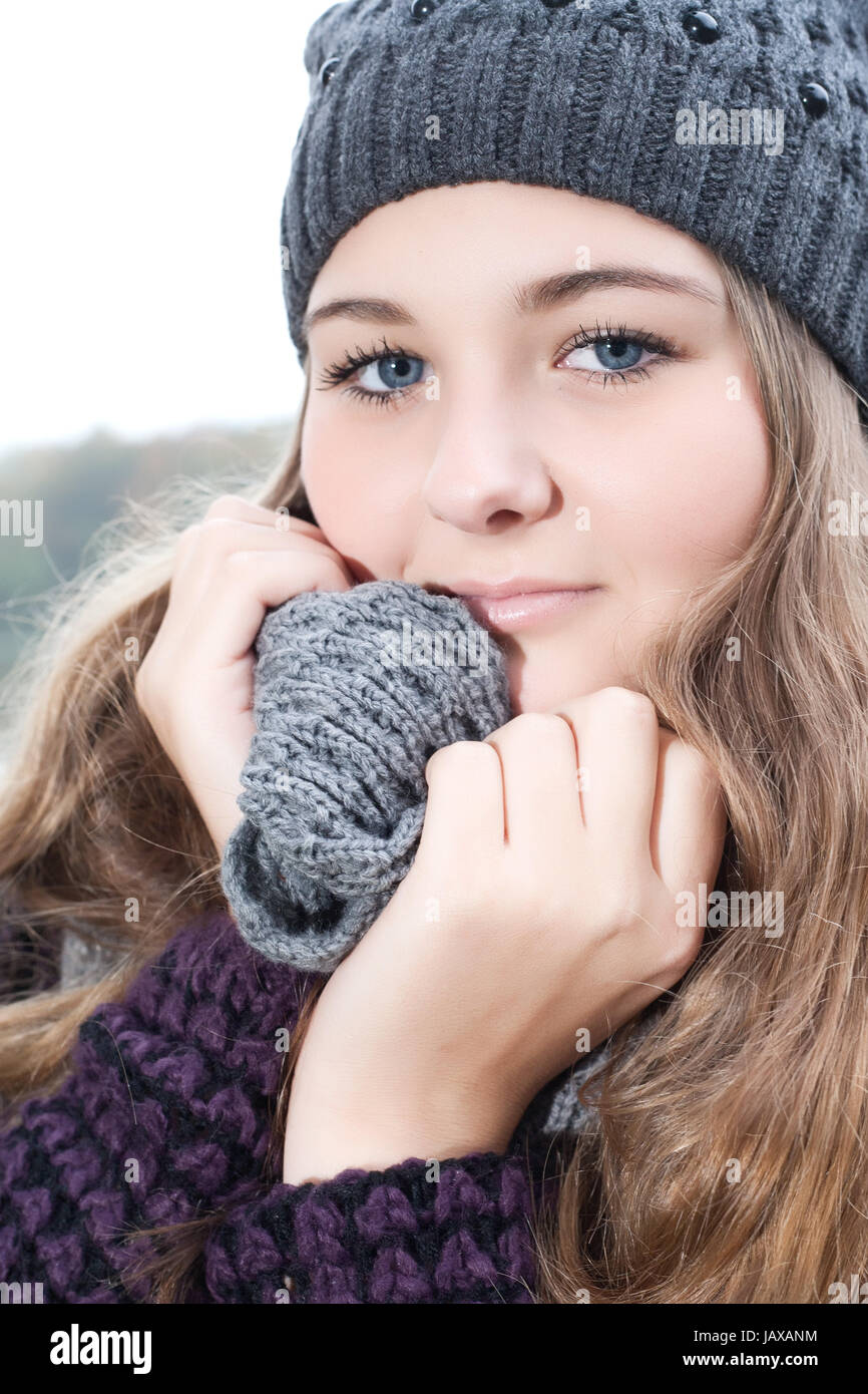 Young teenage girl is having a nice time in the cold november Stock ...