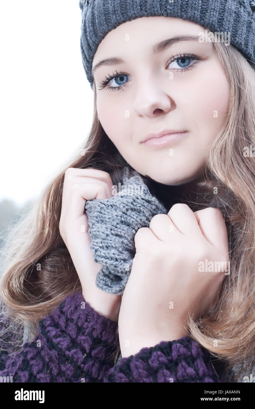 Young teenage girl is having a nice time in the cold november Stock ...