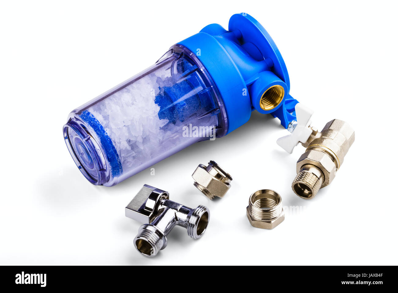 polyphosphate filter for water and pipe fittings isolated on a white ...