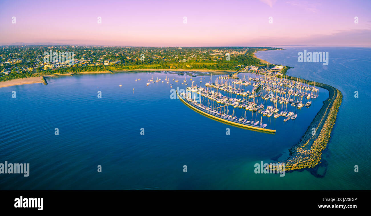 Aerial panorama of Melbourne coastline and Sandringham Marina with ...