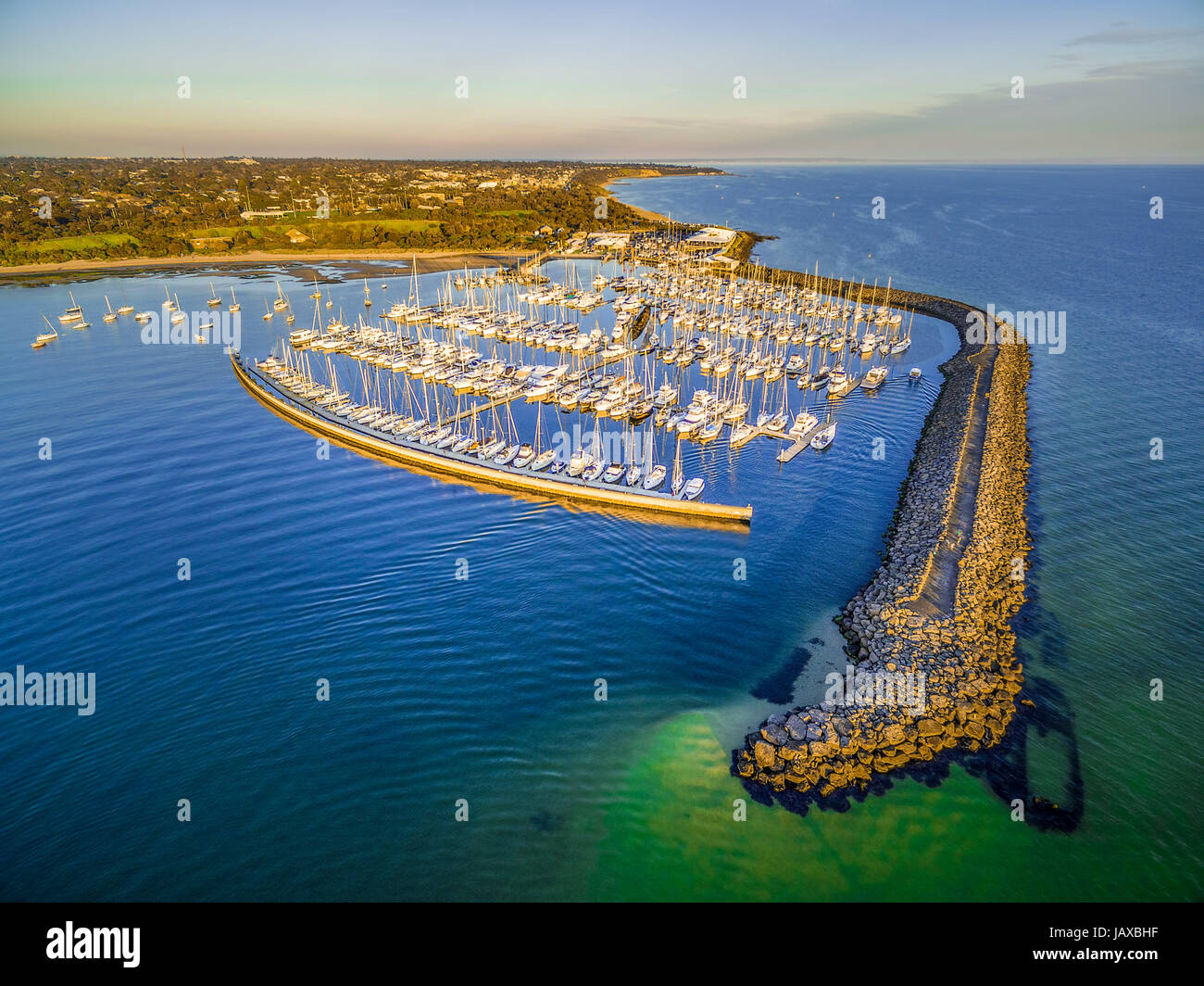 Aerial view of Sandringham Yacht club and marina at sunset. Melbourne ...