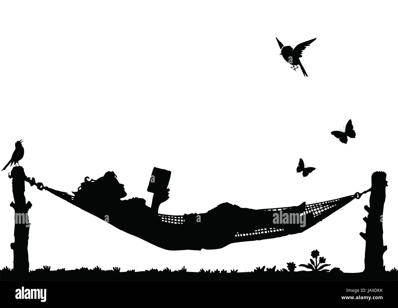 Woman Reading a book relaxing in a Hammock isolated on white background ...