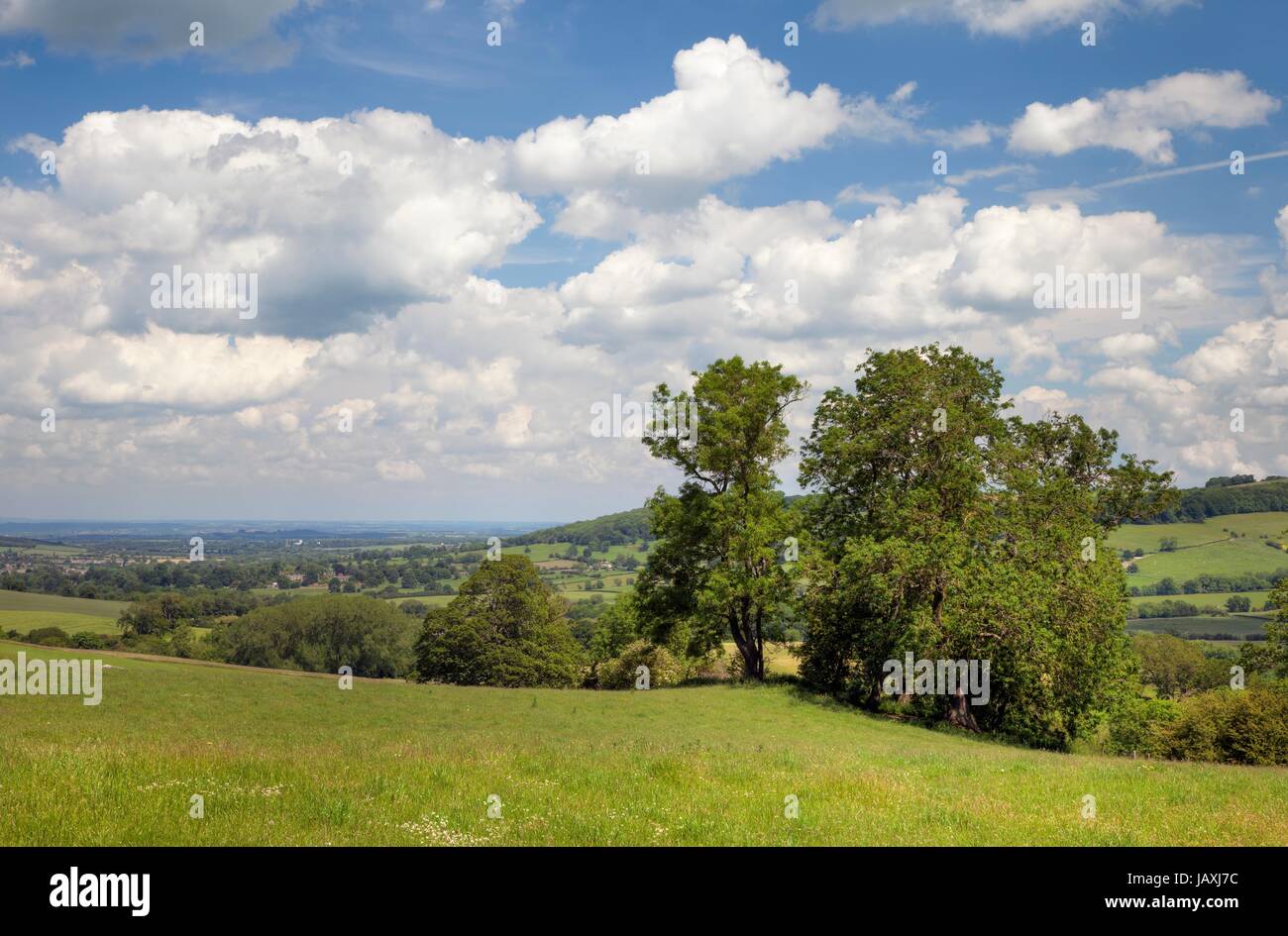 Looking over the rolling hills towards the Cotswold town of Winchcombe ...