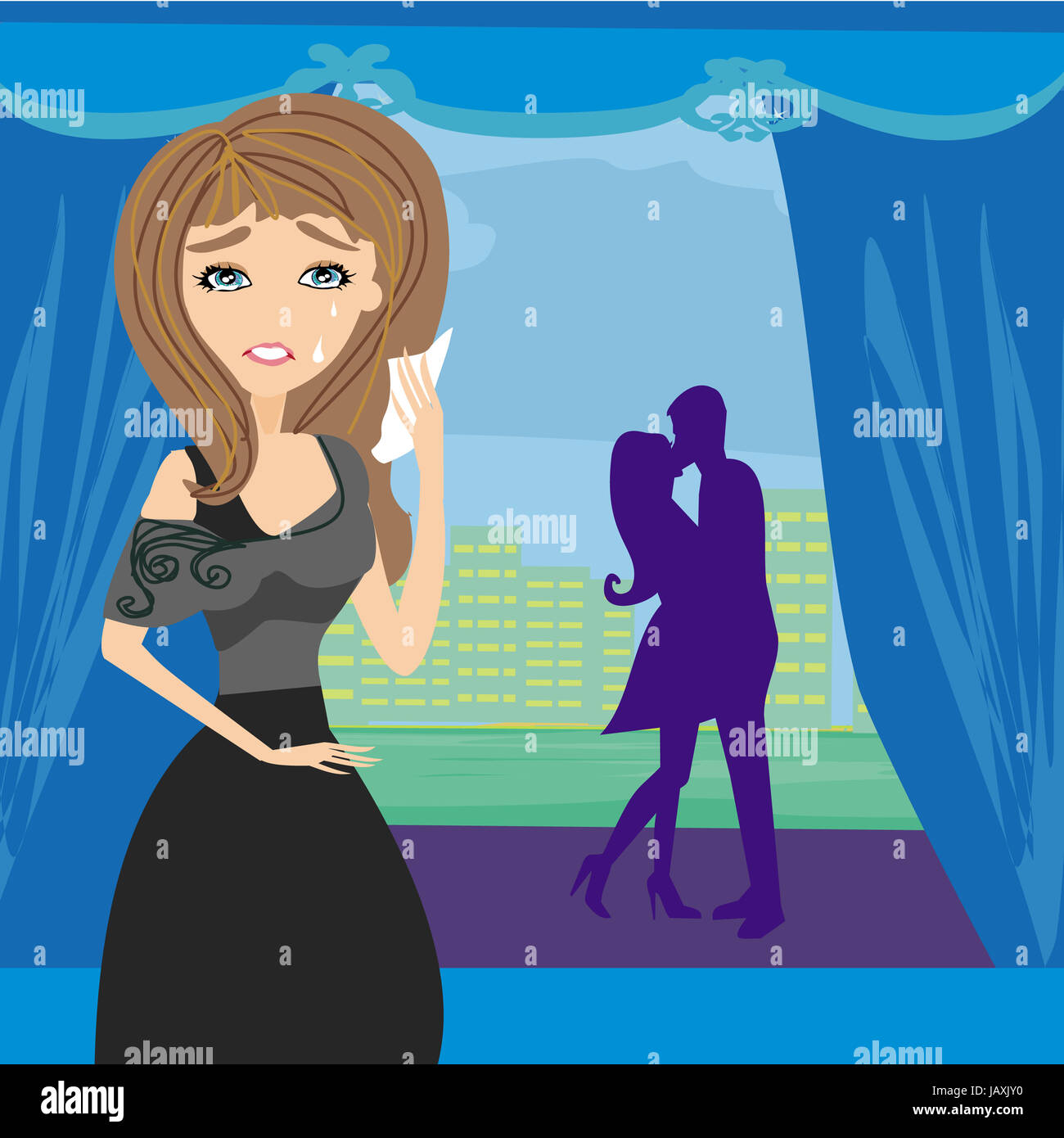 crying girl looks out the window Stock Photo - Alamy