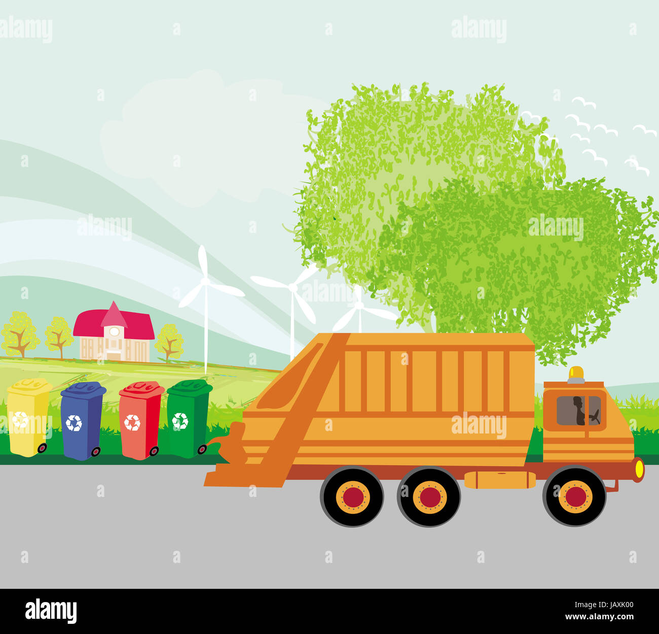 Colorful recycle bins ecology concept landscape garbage truck hi-res ...