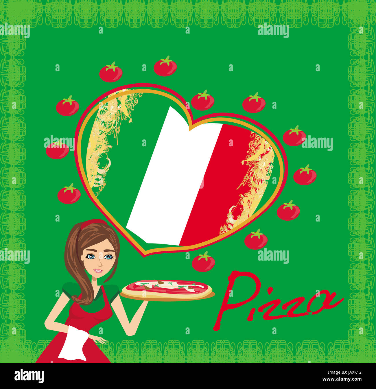 smiling waitress serving pizza , menu card Stock Photo - Alamy