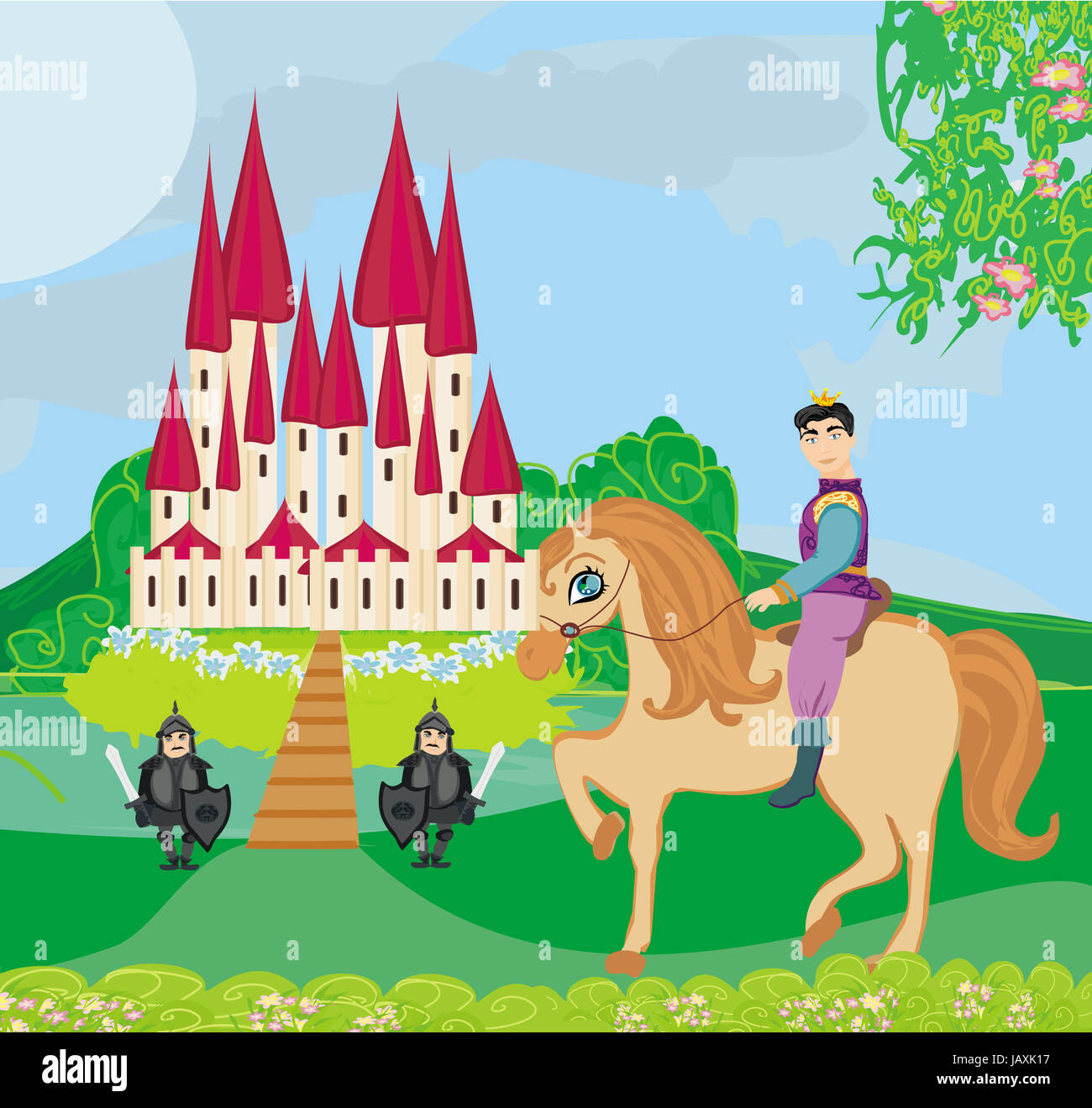 Prince riding a horse to the castle Stock Photo - Alamy