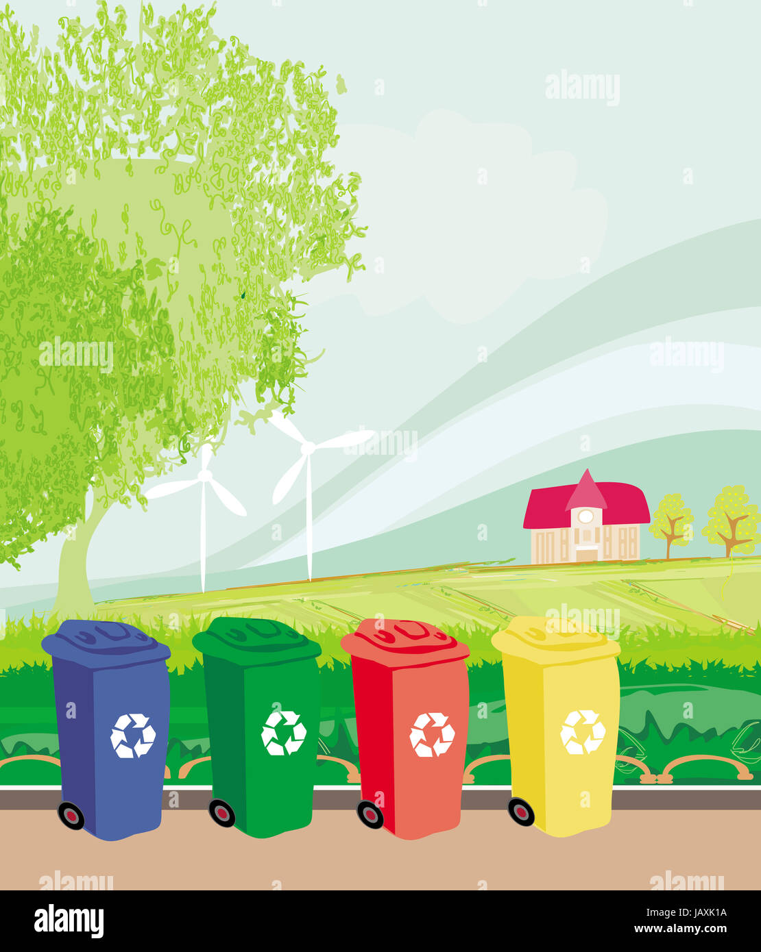 Colorful recycle bins ecology concept with landscape Stock Photo - Alamy