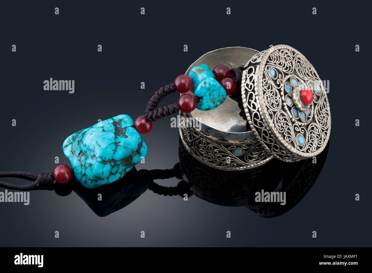 Turquoise Necklace and handmade silver jewelry box, made in Tibet Stock ...