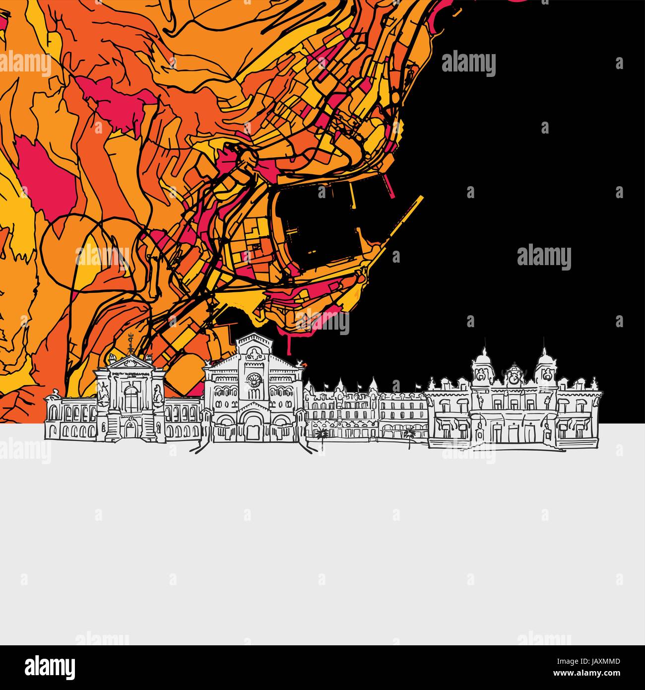 Monaco, Skyline Map, Modern Colourful Art Print with Historic Cityscape ...