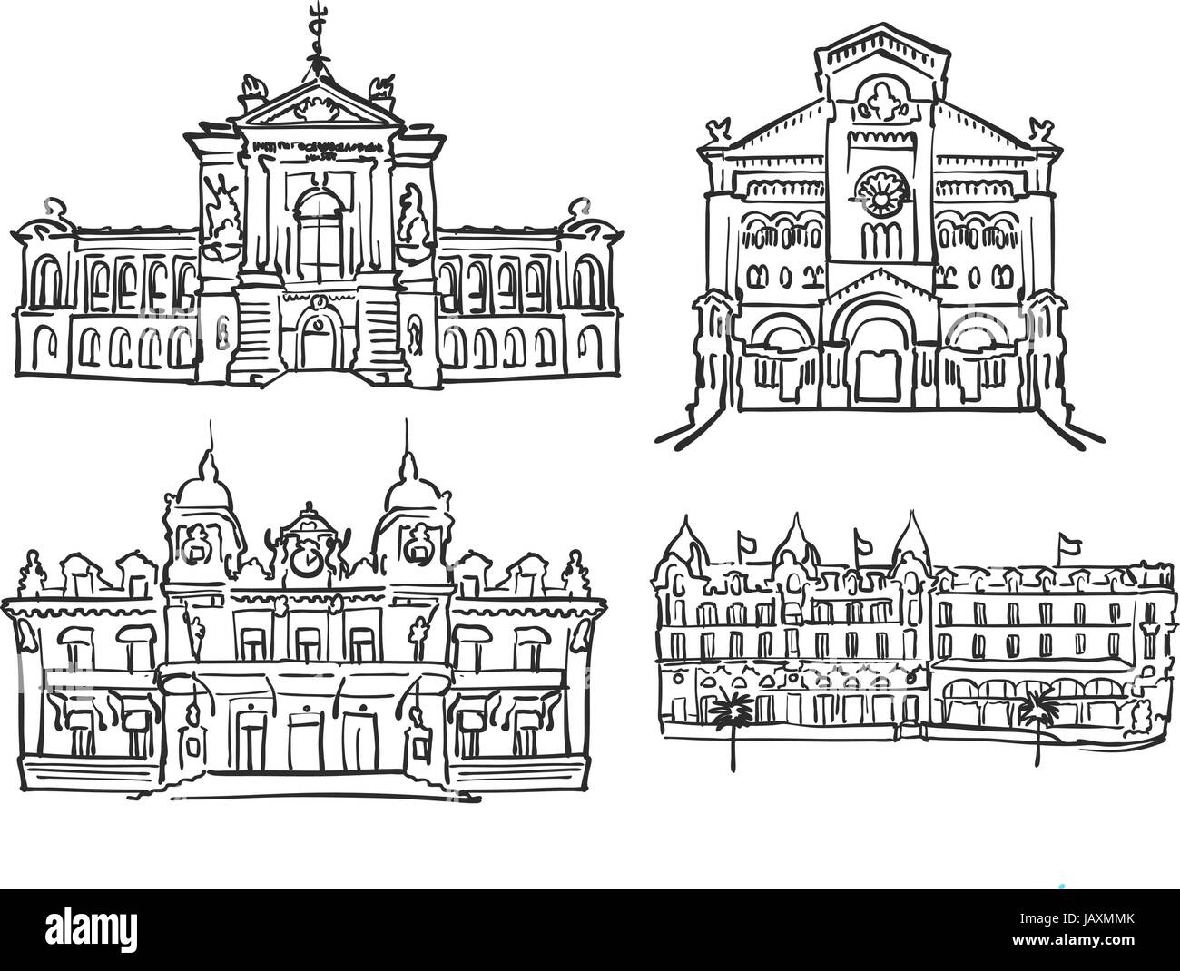 Monaco, Famous Buildings, Monochrome Outlined Travel Landmarks ...