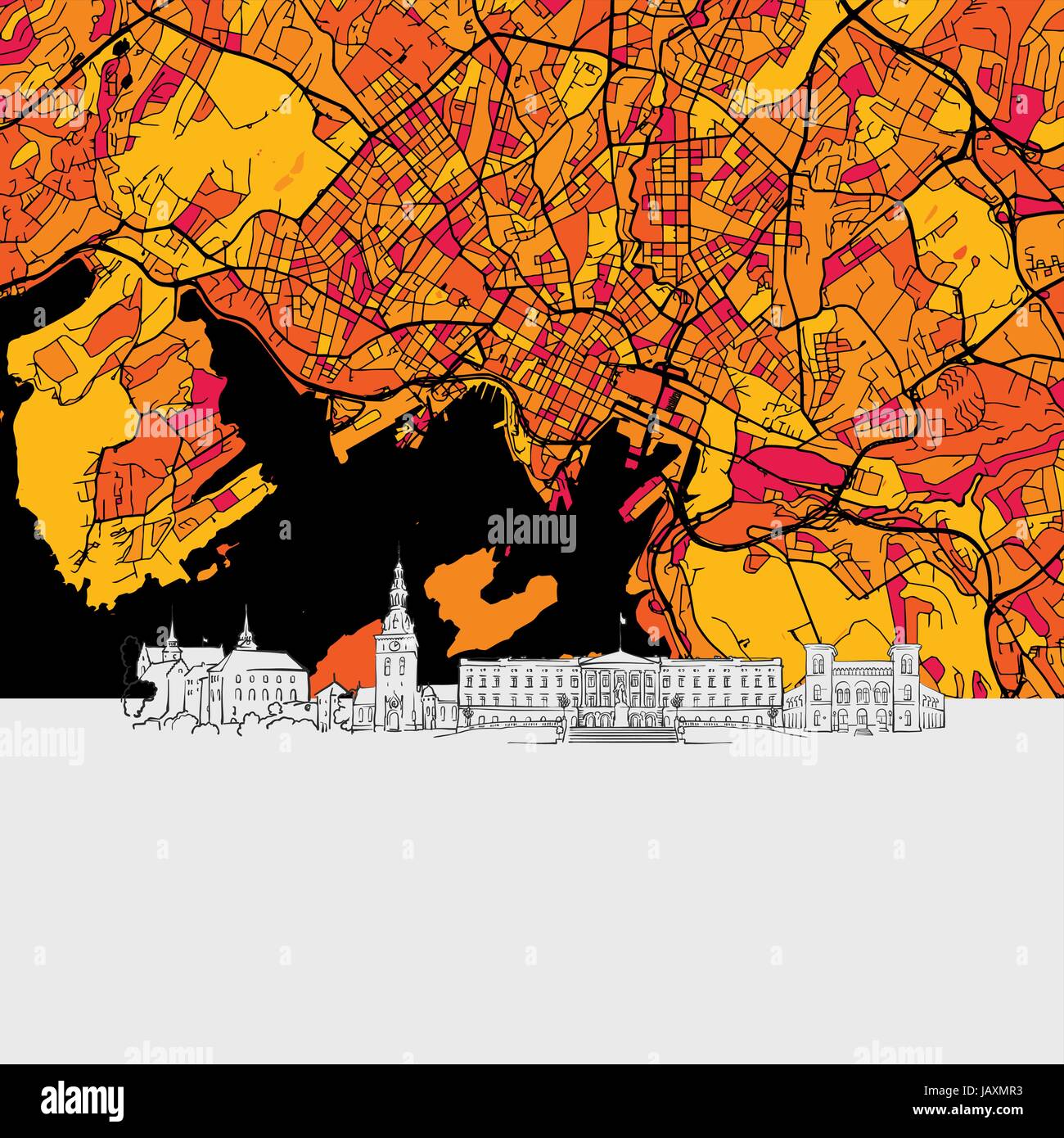 Oslo, Norway, Skyline Map, Modern Colourful Art Print with Historic ...
